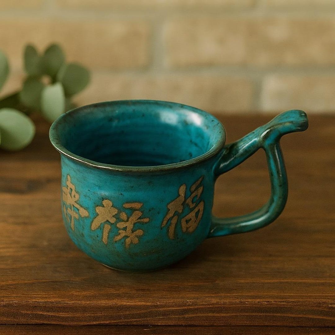 Signed Chuku Chao Hand-thrown Pottery Cup Mug – Teal Blue W/ Chinese ...