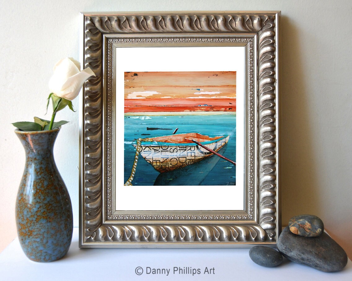 Nautical ART PRINT or CANVAS rowboat peaceful boat beach ocean coastal ...