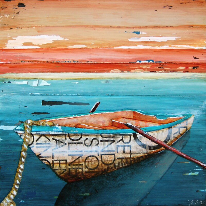 Nautical ART PRINT or CANVAS rowboat peaceful boat beach ocean coastal ...