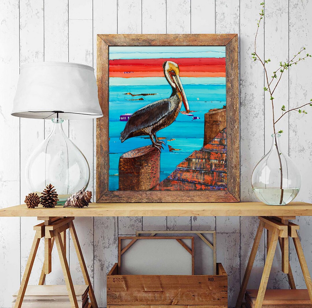 Layover - Pelican on Pier - Mixed Media Collage Fine ART PRINT or ...