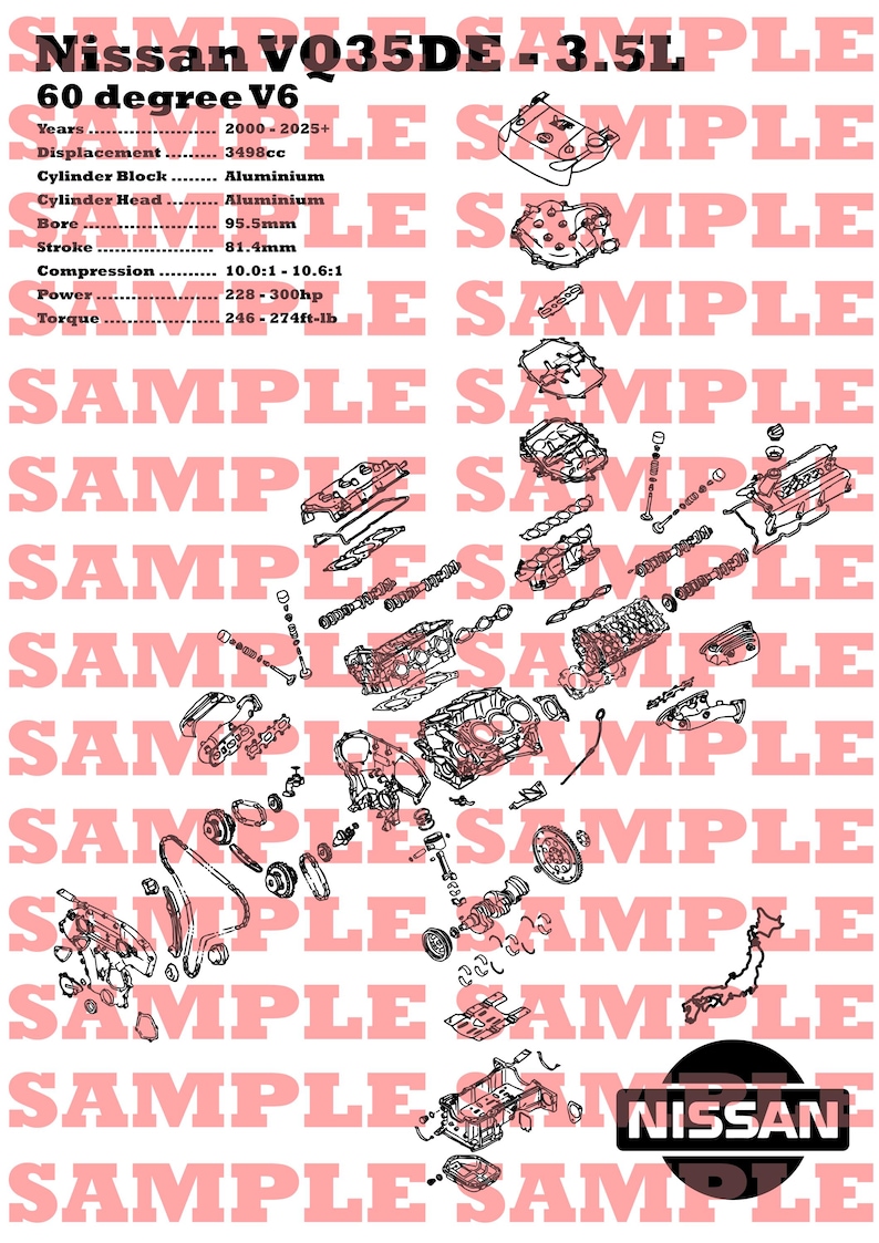 Nissan VQ35DE 3.5L Poster Exploded View Engine E28 535i Laser Engraved ...