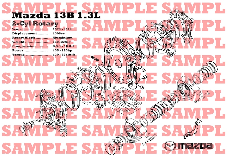Mazda Rotary 13B Engine Diagram Mazda RX7 Poster JDM Mazda Merchandise ...