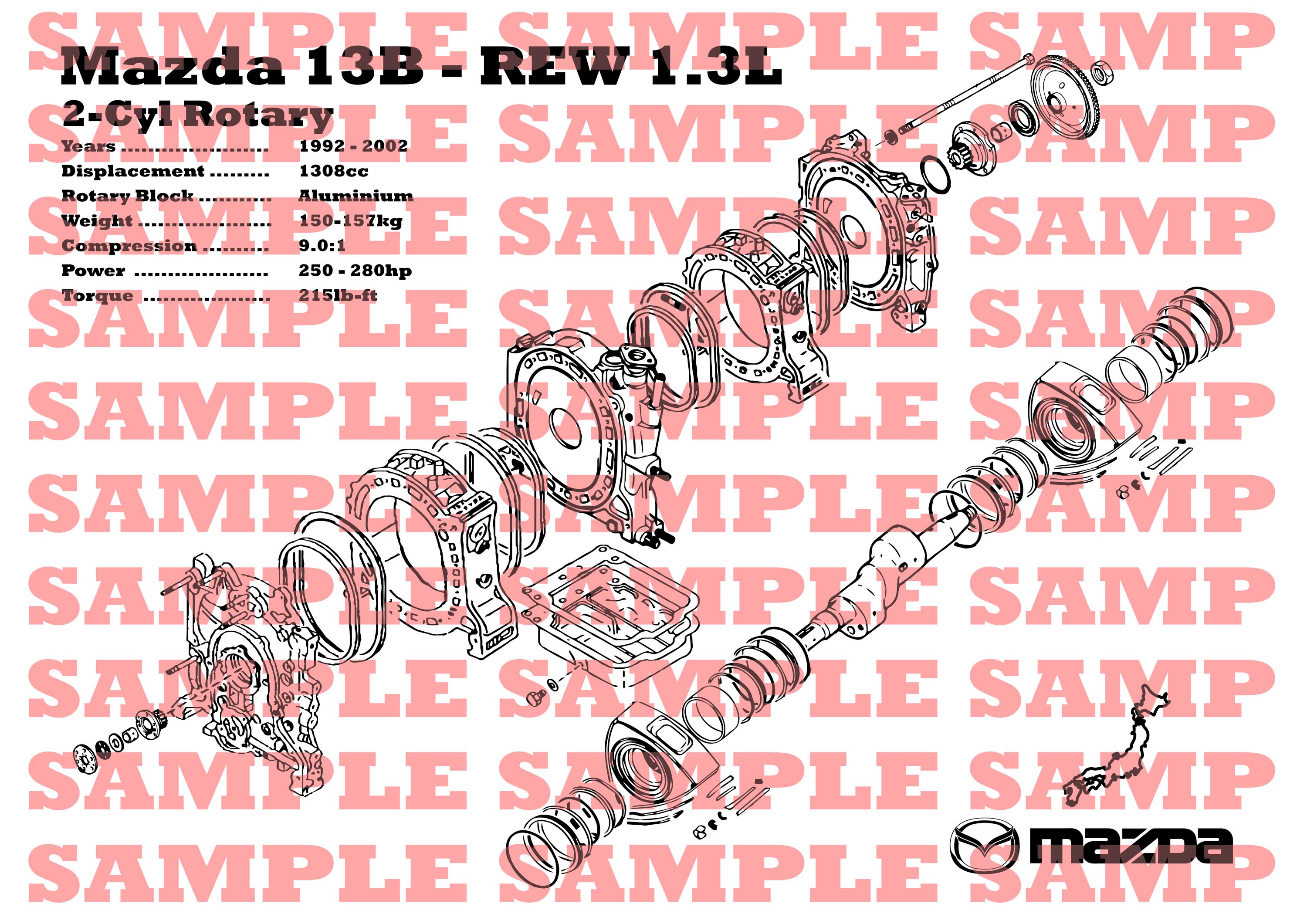 Mazda RX7 Rotary Engine Poster Laser Engraved 13B Engine Diagram Mazda ...