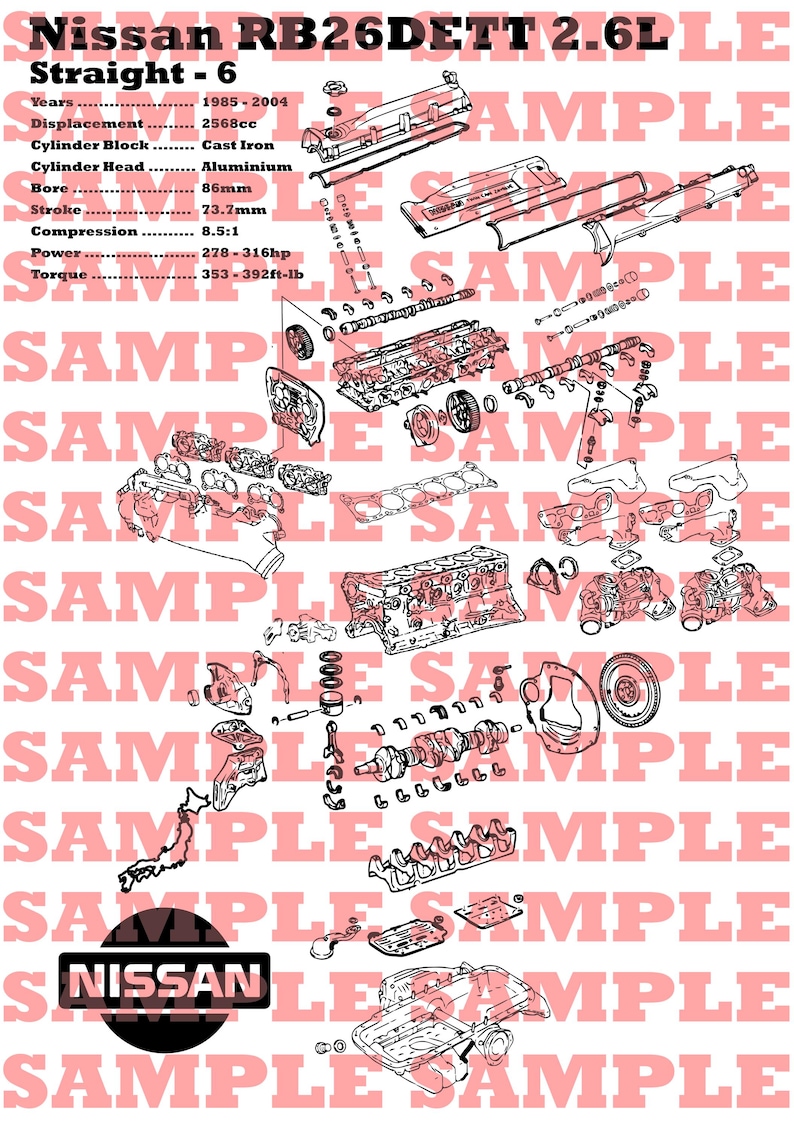 Nissan RB26DETT Engine Diagram Poster Laser Engraved Nissan Skyline ...