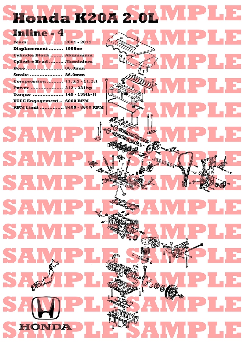 Honda Civic Honda Accord K20A Engine Poster Car Art Poster Laser ...