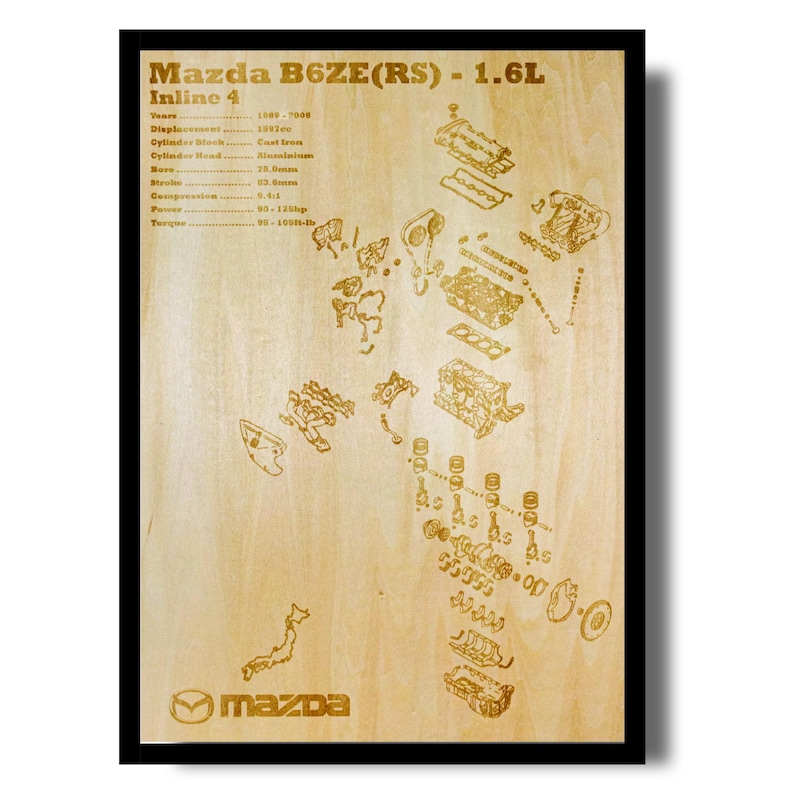Mazda B6ZE (RS) Exploded View Poster Mazda MX5 Miata Laser Engraved ...