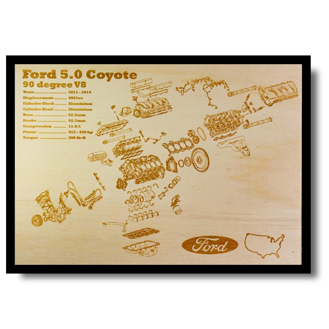 Ford Mustang GT Poster Laser Engraved Engine Diagram Coyote 5.0 V8 ...