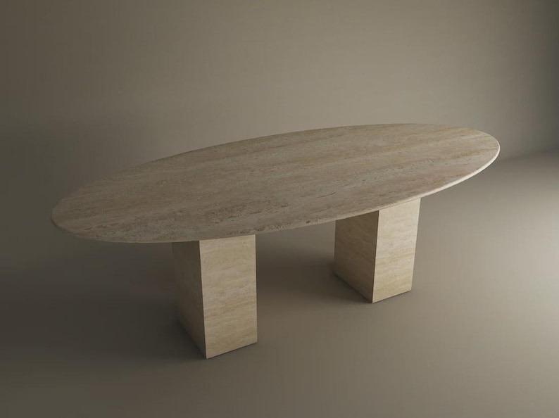 Elliptical Travertine Dining Table, Solid Stone, Rectangular Pedestal ...