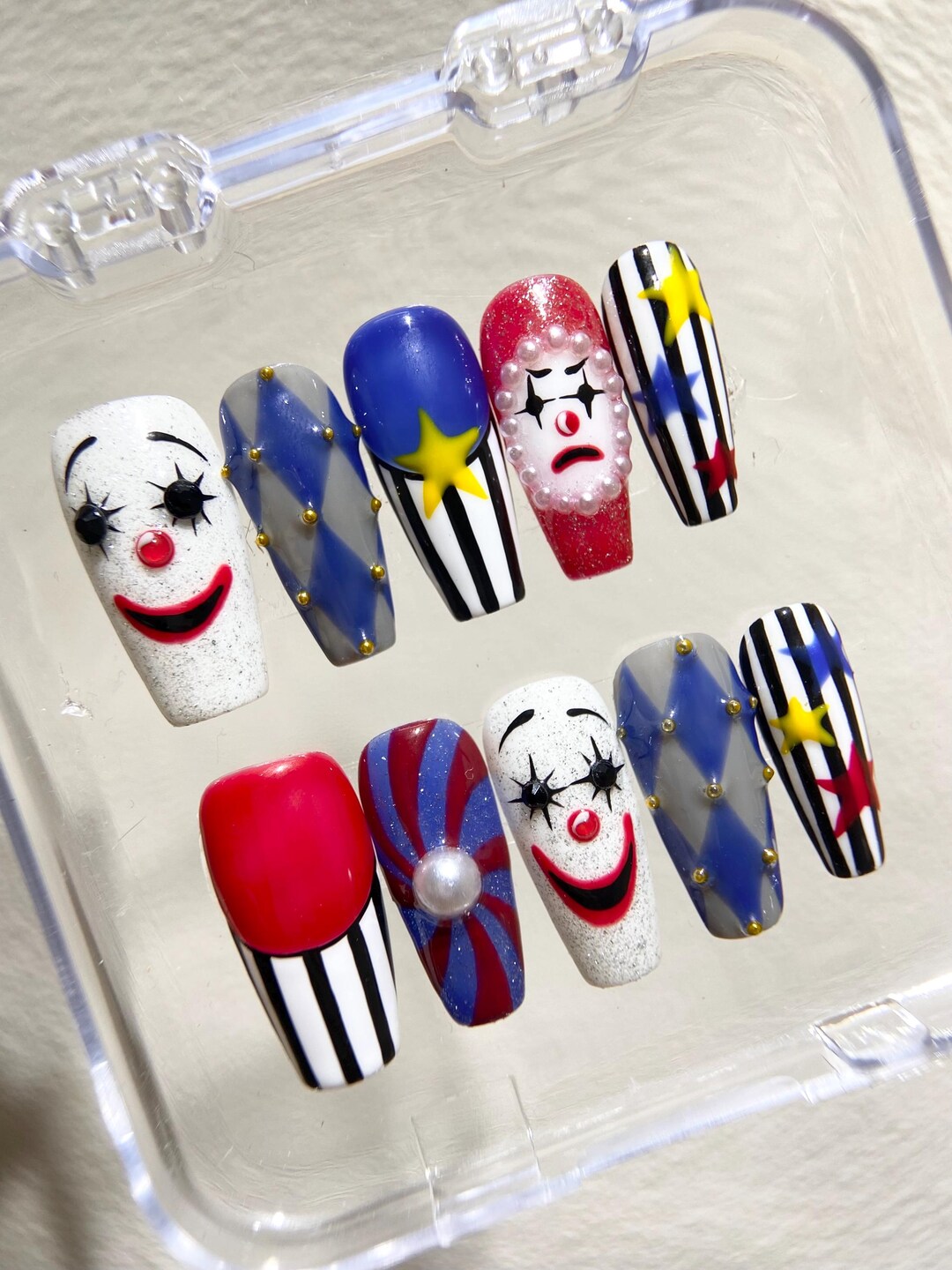 Circus Clown Press on Nails: 3D Star, Sad Happy Face Nail Art - Etsy