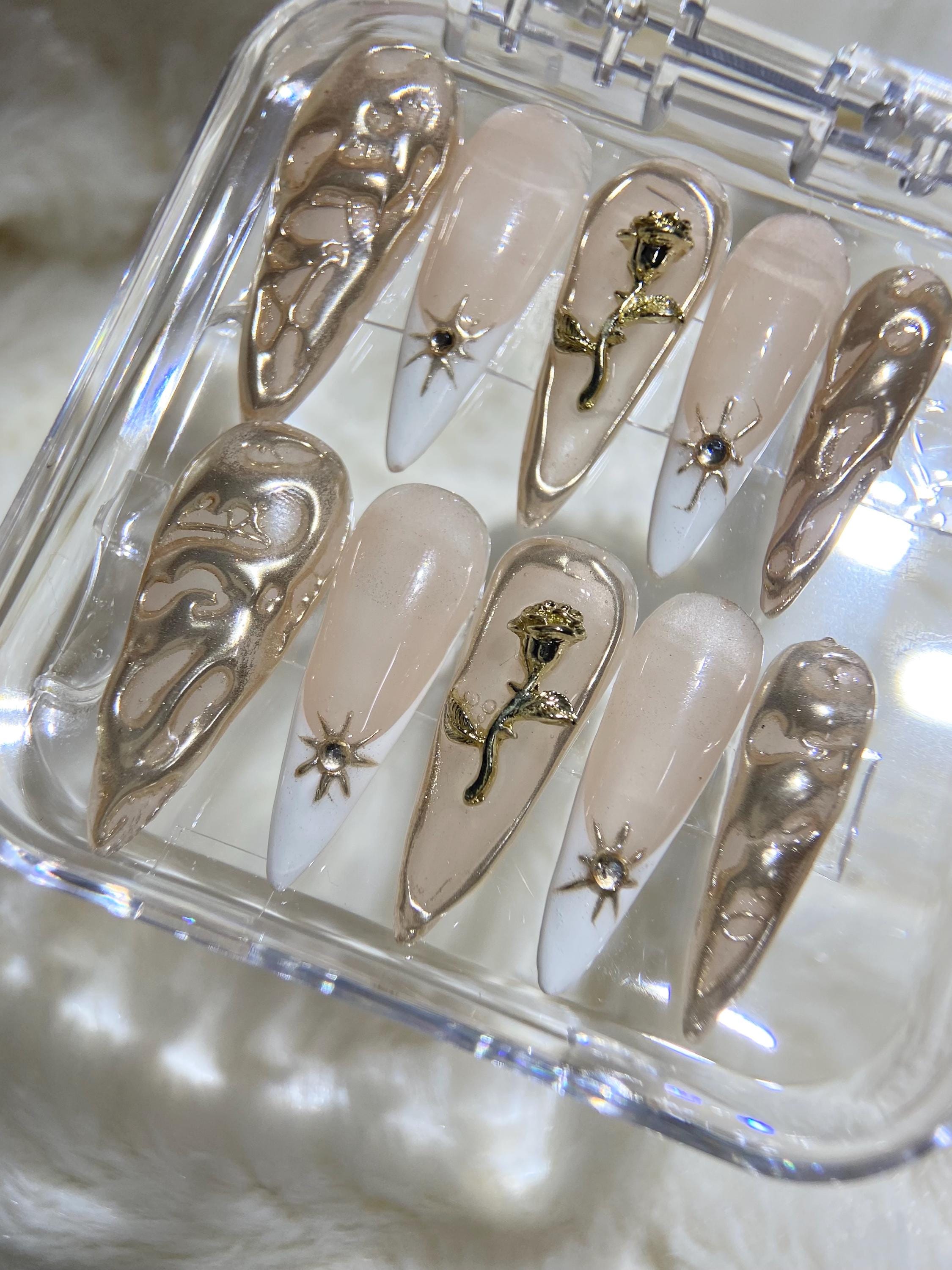 Press on Nais | French Nails Art | Chorme Gold 3d | Rose Charm Nails ...