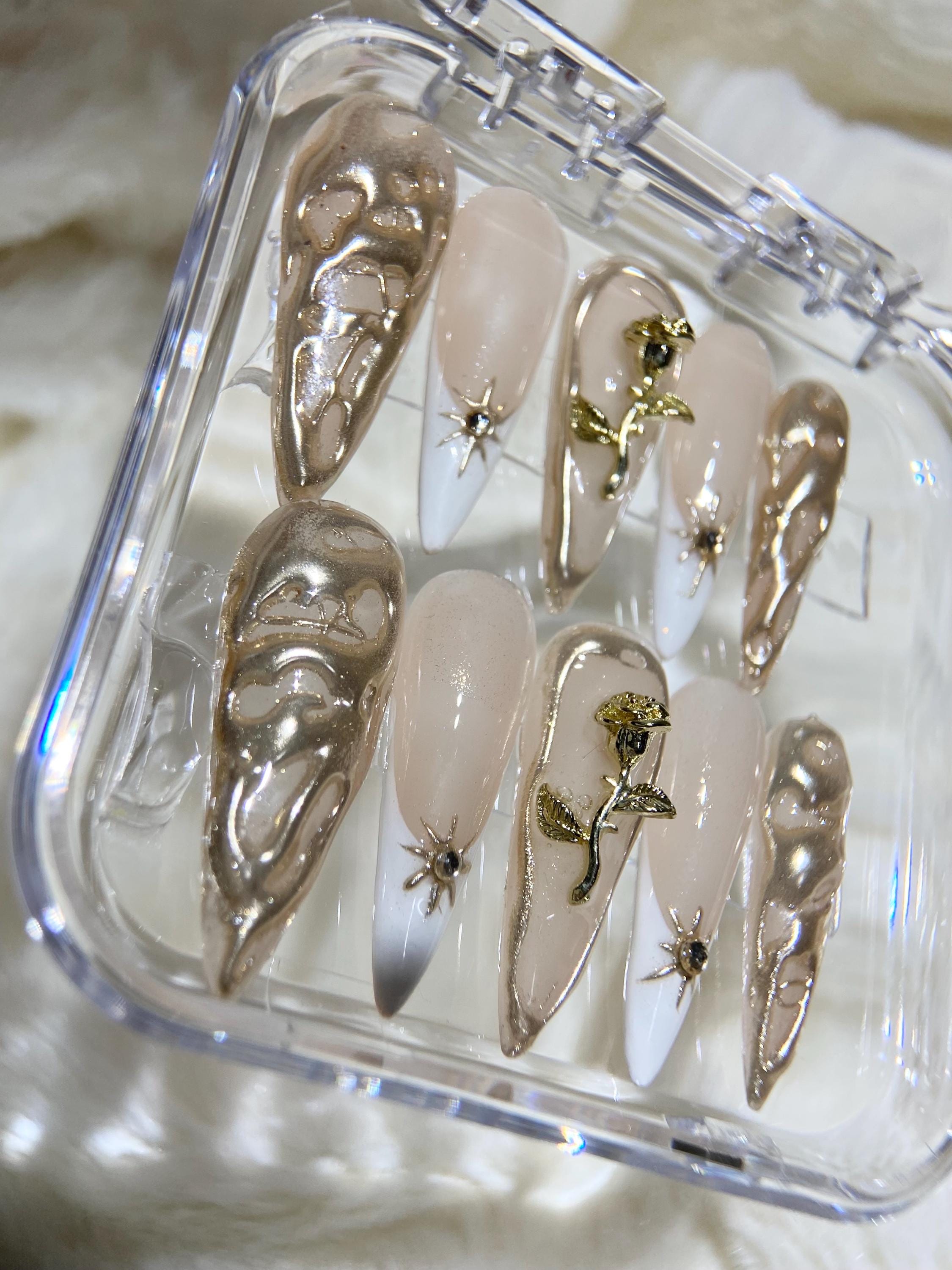 Press on Nais | French Nails Art | Chorme Gold 3d | Rose Charm Nails ...