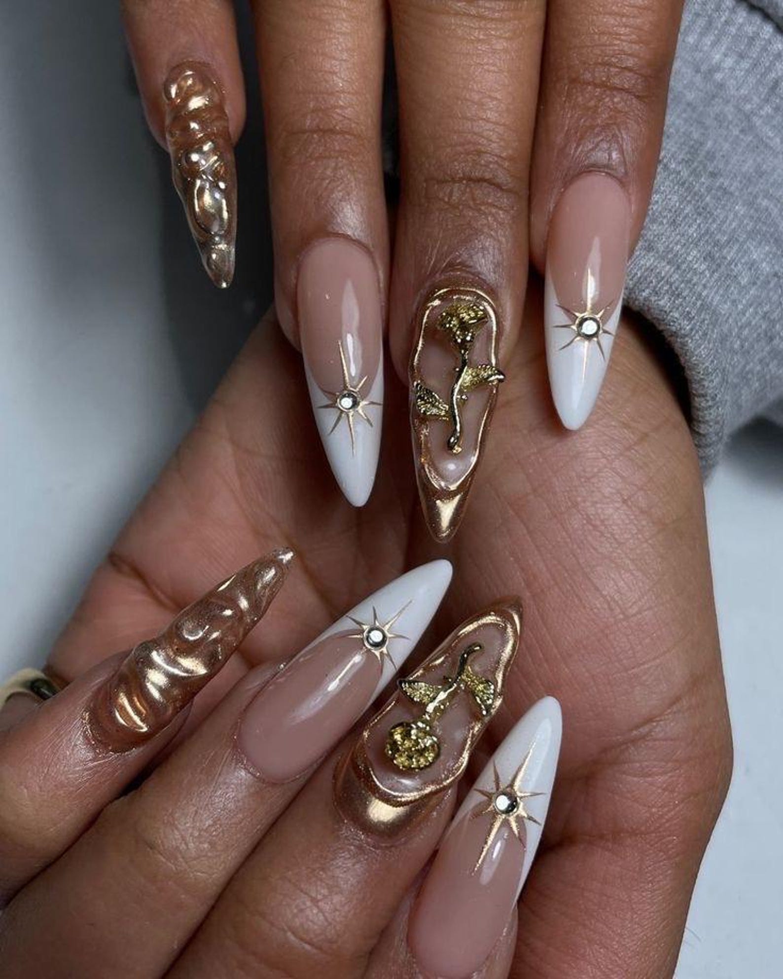 Press on Nais | French Nails Art | Chorme Gold 3d | Rose Charm Nails ...