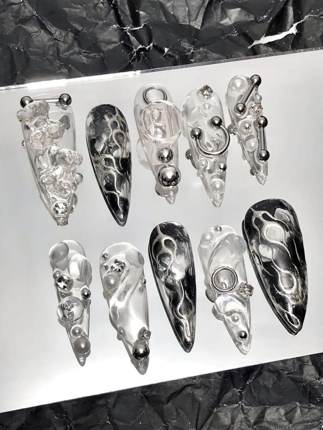 Silver Chrome Y2K Press on Nails: Hand Painted Faux Acrylic - Etsy