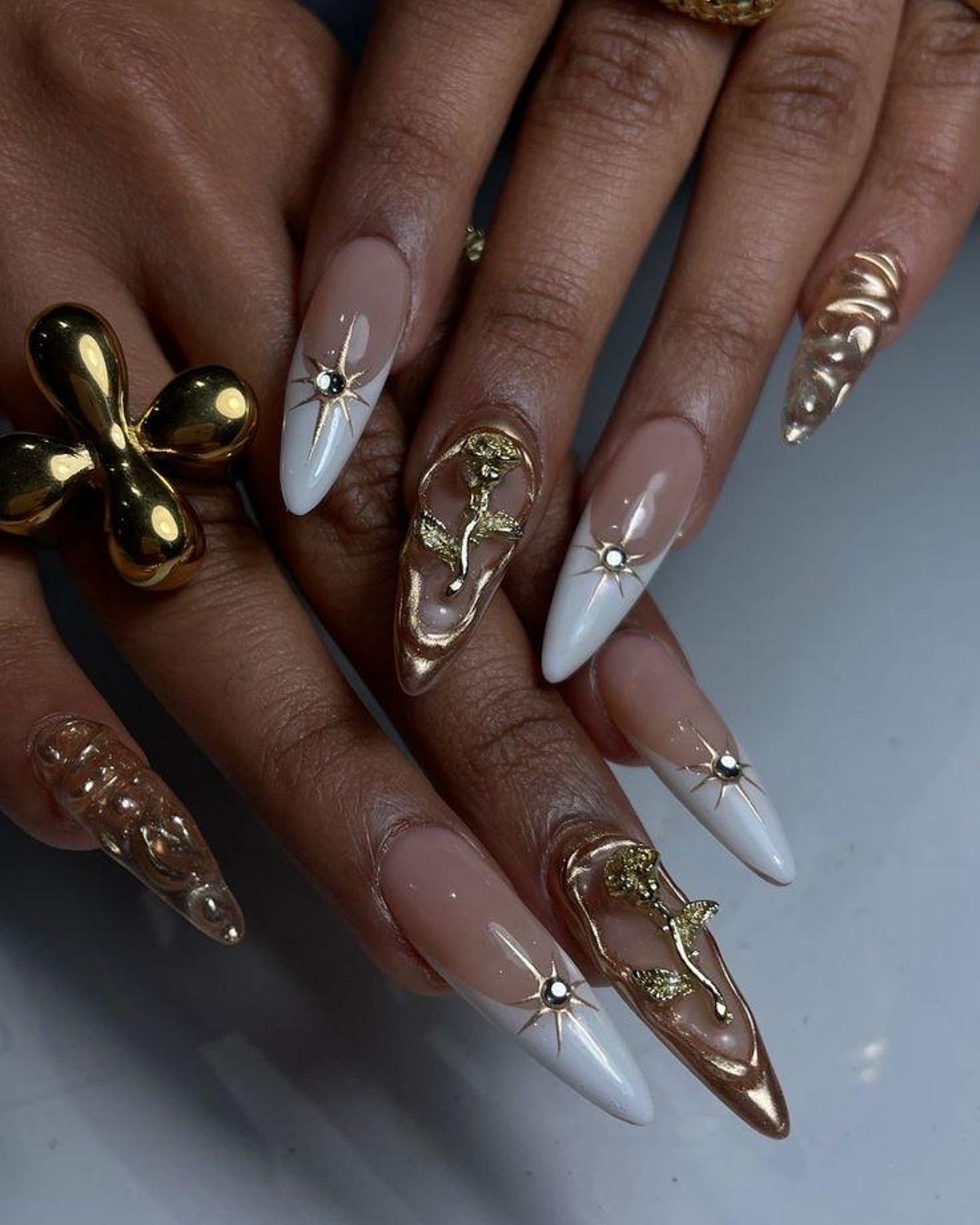 Press on Nais | French Nails Art | Chorme Gold 3d | Rose Charm Nails ...