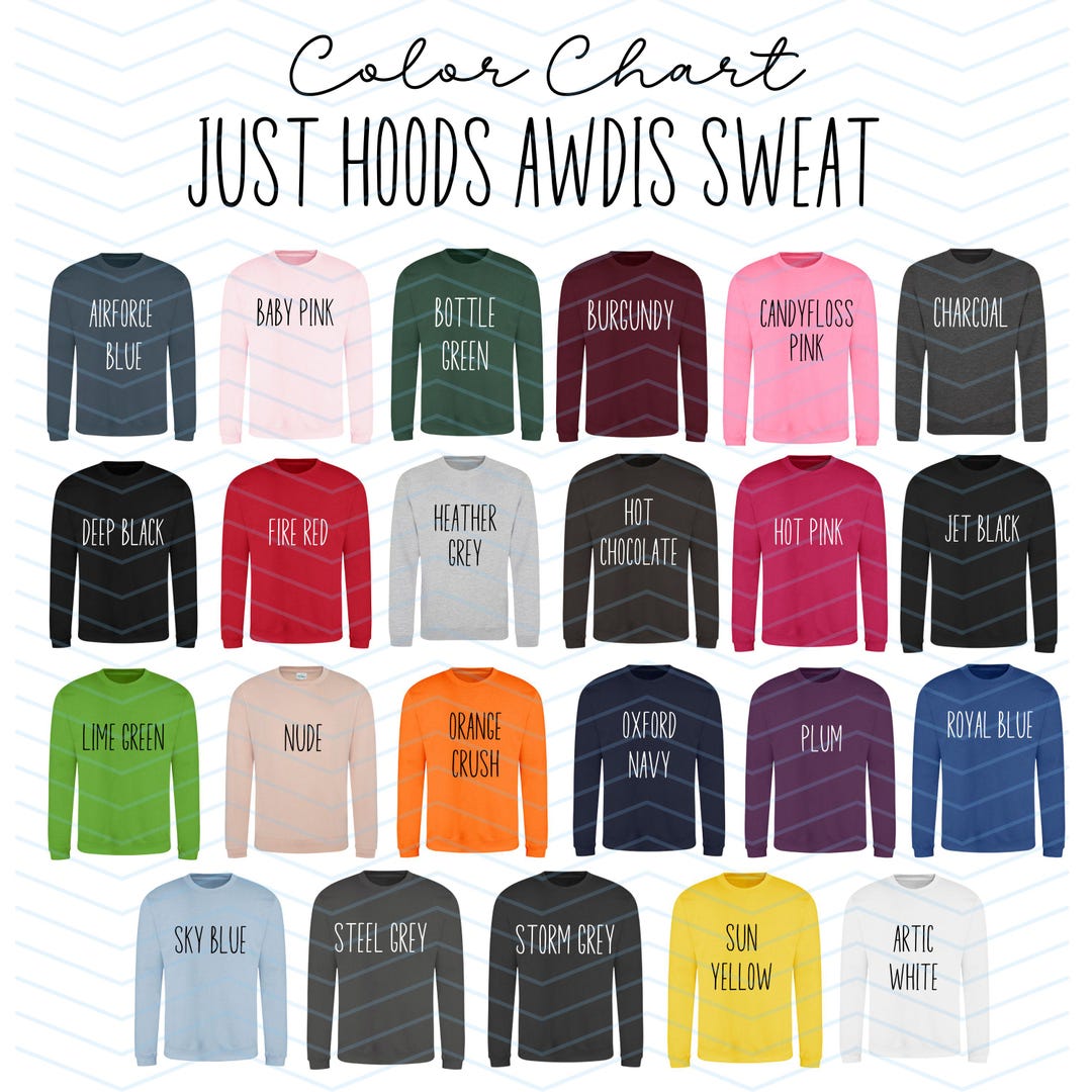 Color Chart and Size Chart for Just Hoods Awdis Sweat JH030, Etsy ...