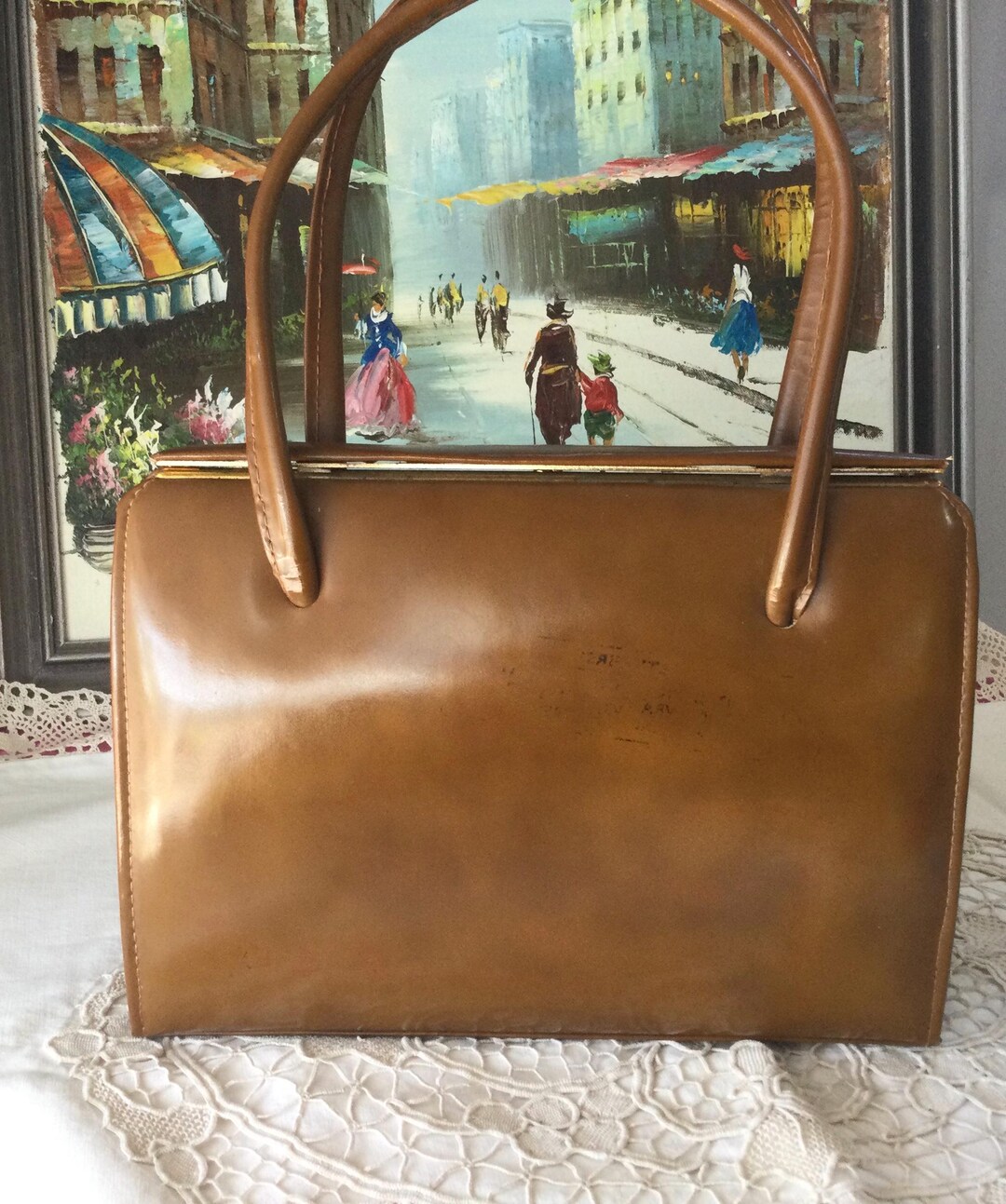 Vintage Ackery London Leather Handbag Dark Gold Suede Lining Elbief ...