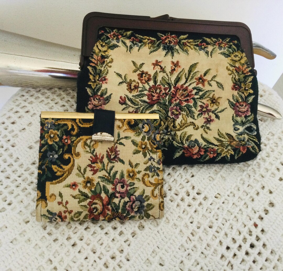 Vintage Tapestry Purse Lucite Frame + Matching Tapestry Wallet Made in ...