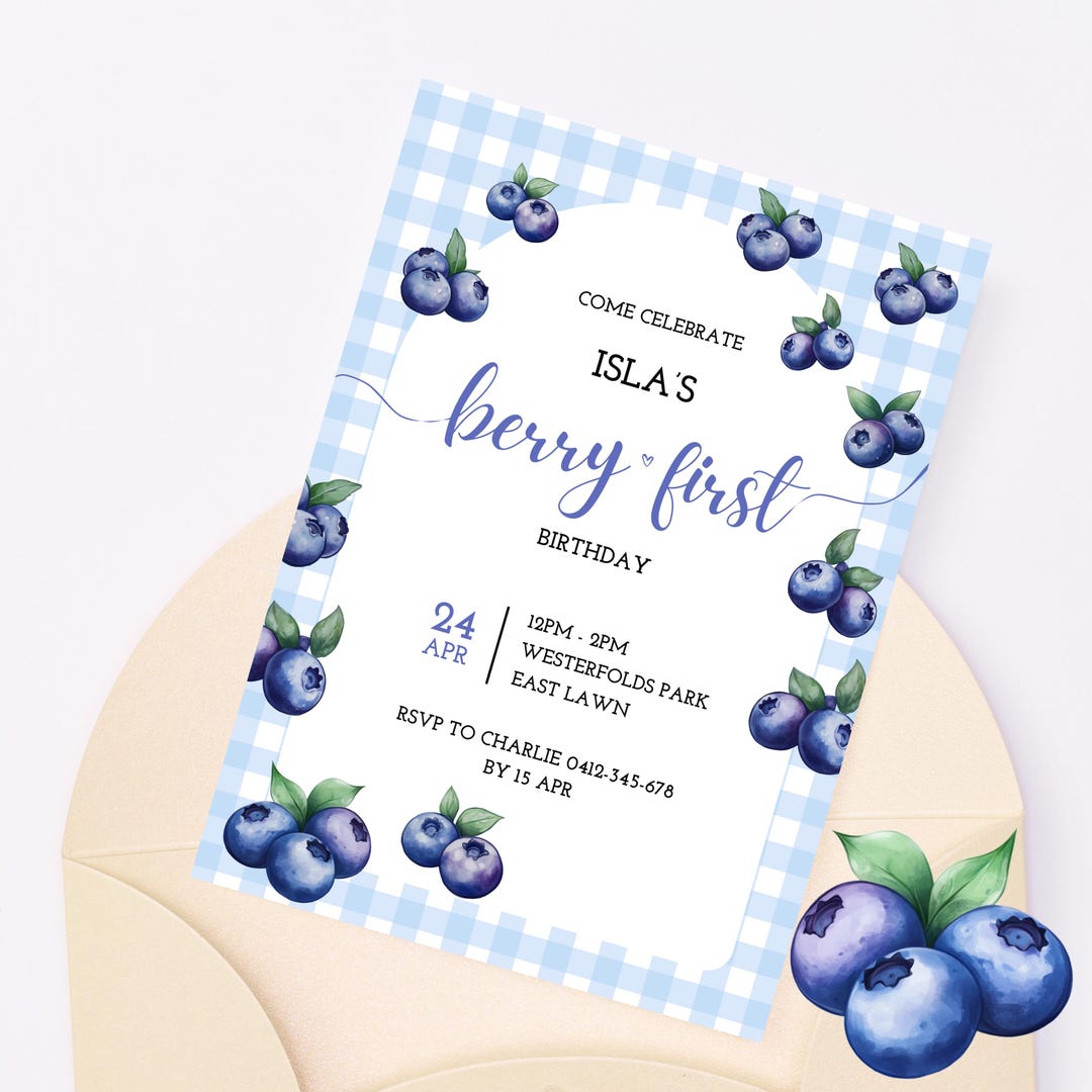 Editable First Birthday Invitation Digital Blue Gingham Berry First ...