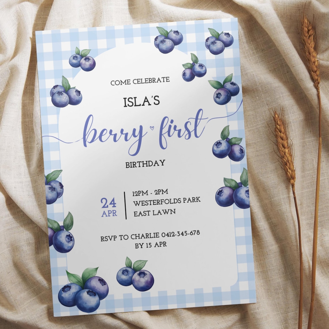 Editable First Birthday Invitation Digital Blue Gingham Berry First ...