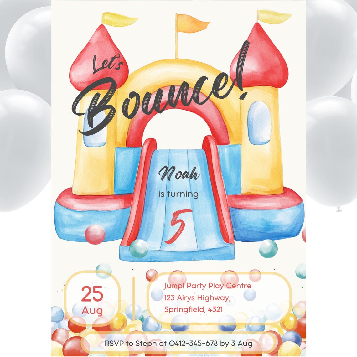Editable Kids Birthday Invitation Template With Jumping Castle and Ball ...