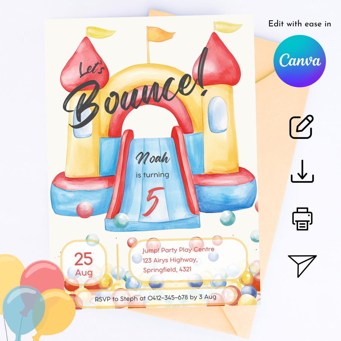 Editable Kids Birthday Invitation Template With Jumping Castle and Ball ...