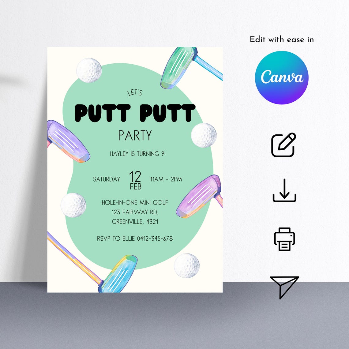 Editable Mini Golf Invitation Digital Download Watercolour Golf ...