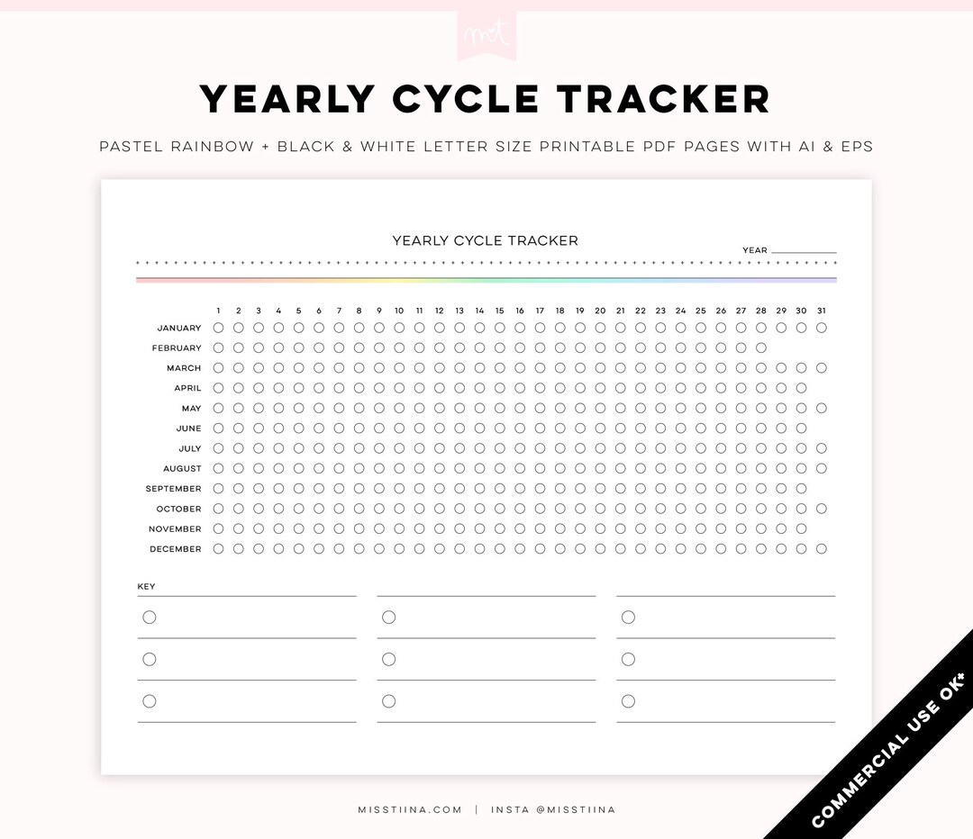 Yearly Cycle Tracker - Minimal Pastel Rainbow + Black & White Digital ...