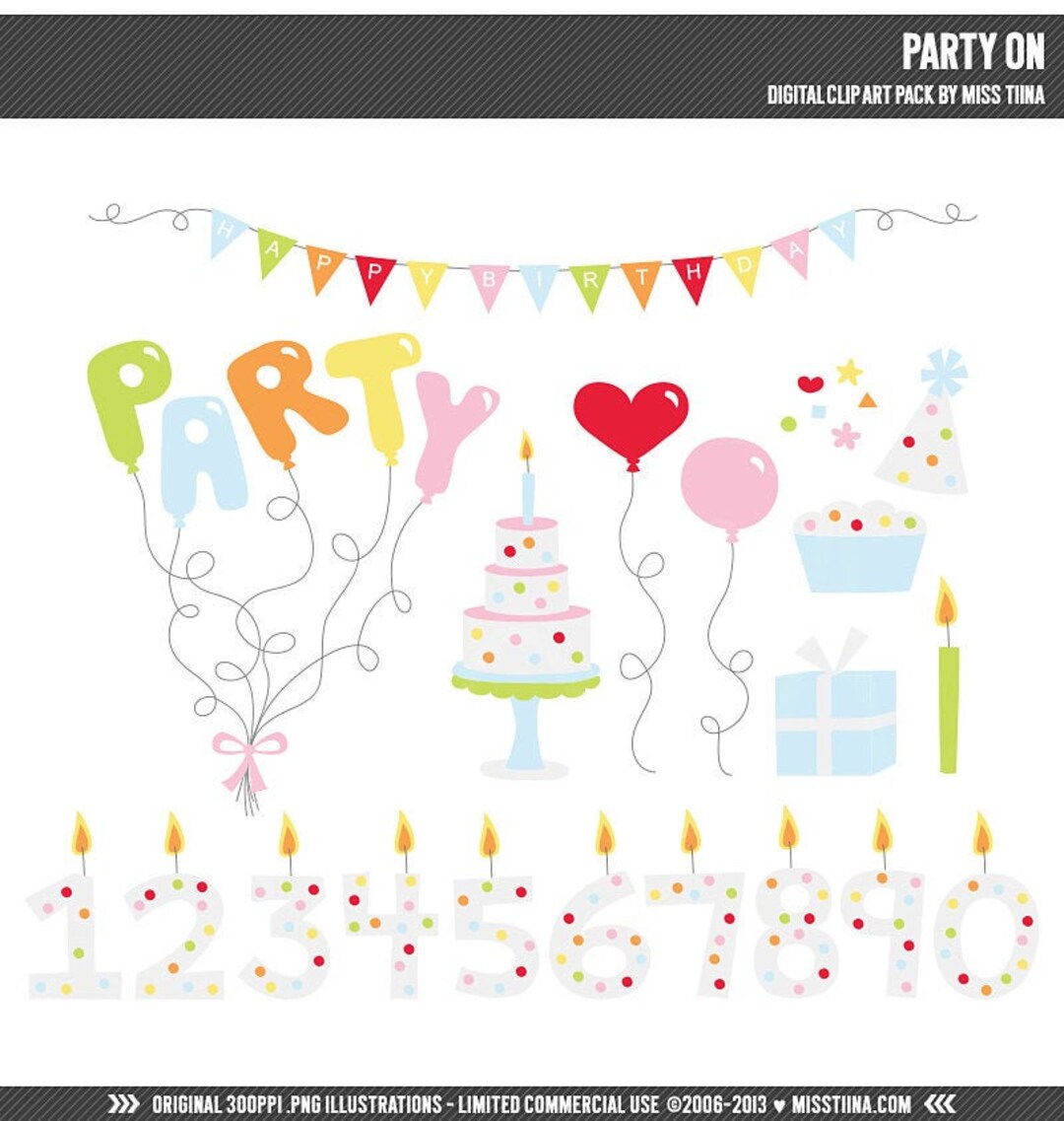 Party on Rainbow Birthday Digital Clipart Clip Art Illustrations ...