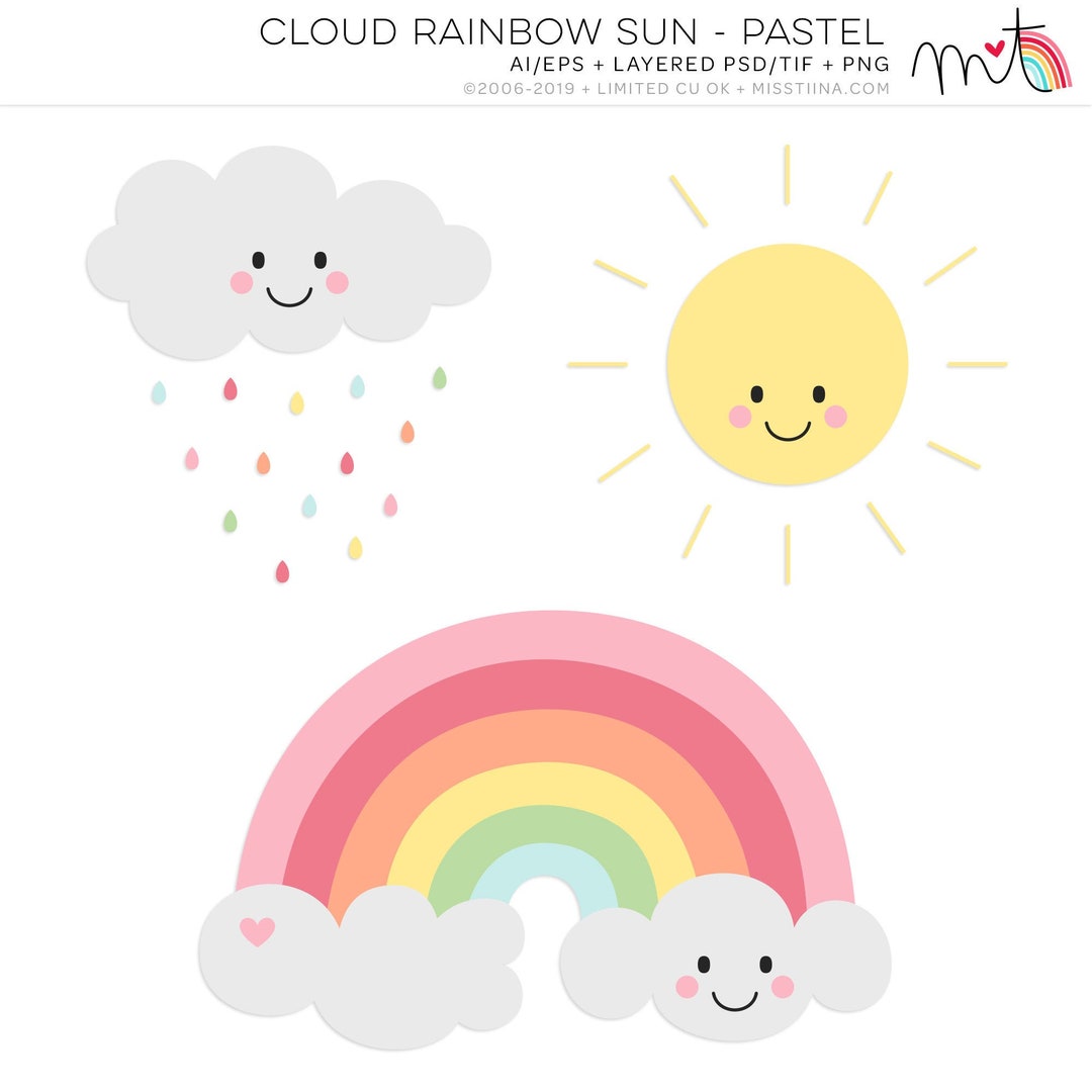 Pastel Cloud Rainbow Sun Digital Clipart Clip Art Illustrations Limited ...