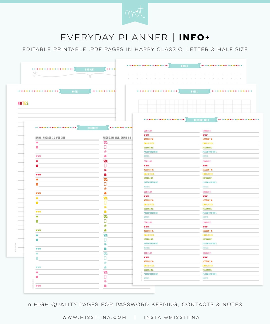 Account Info, Contacts + Notes EDITABLE PDF Everyday Planner Printables ...
