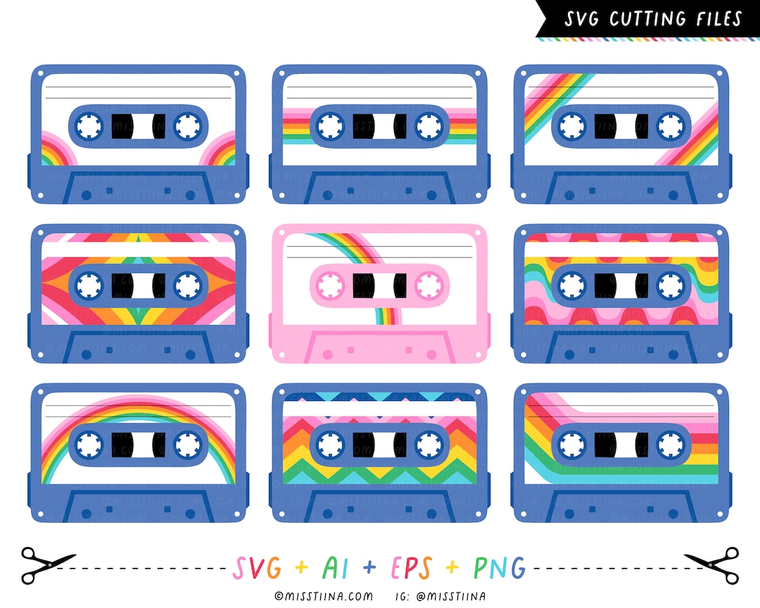 Retro Rainbow Cassette Tapes SVG Digital Cut Files + Vectors and ...