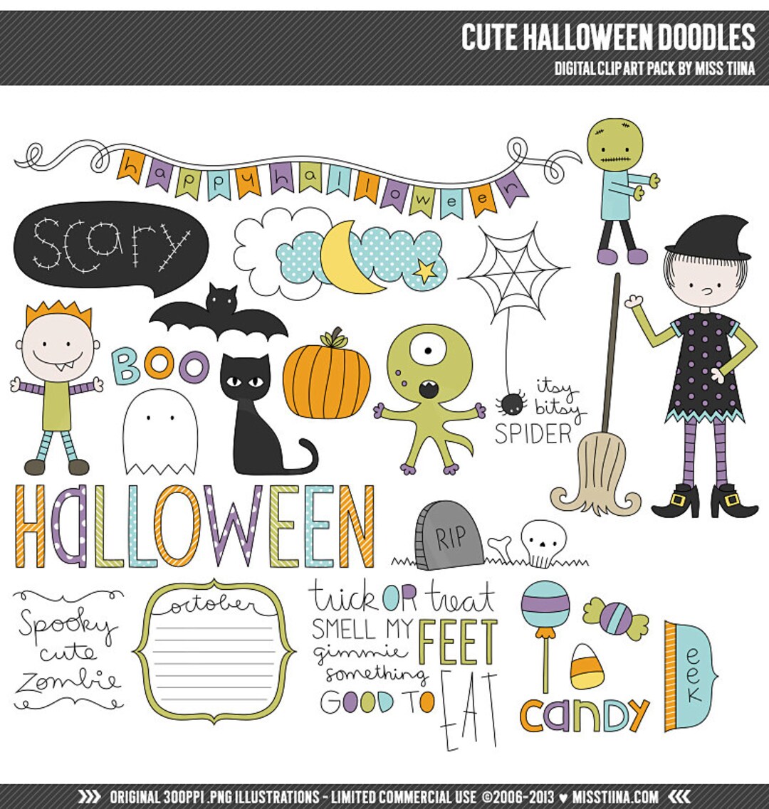 Cute Halloween Doodles Digital Clipart Clip Art Illustrations - Instant ...