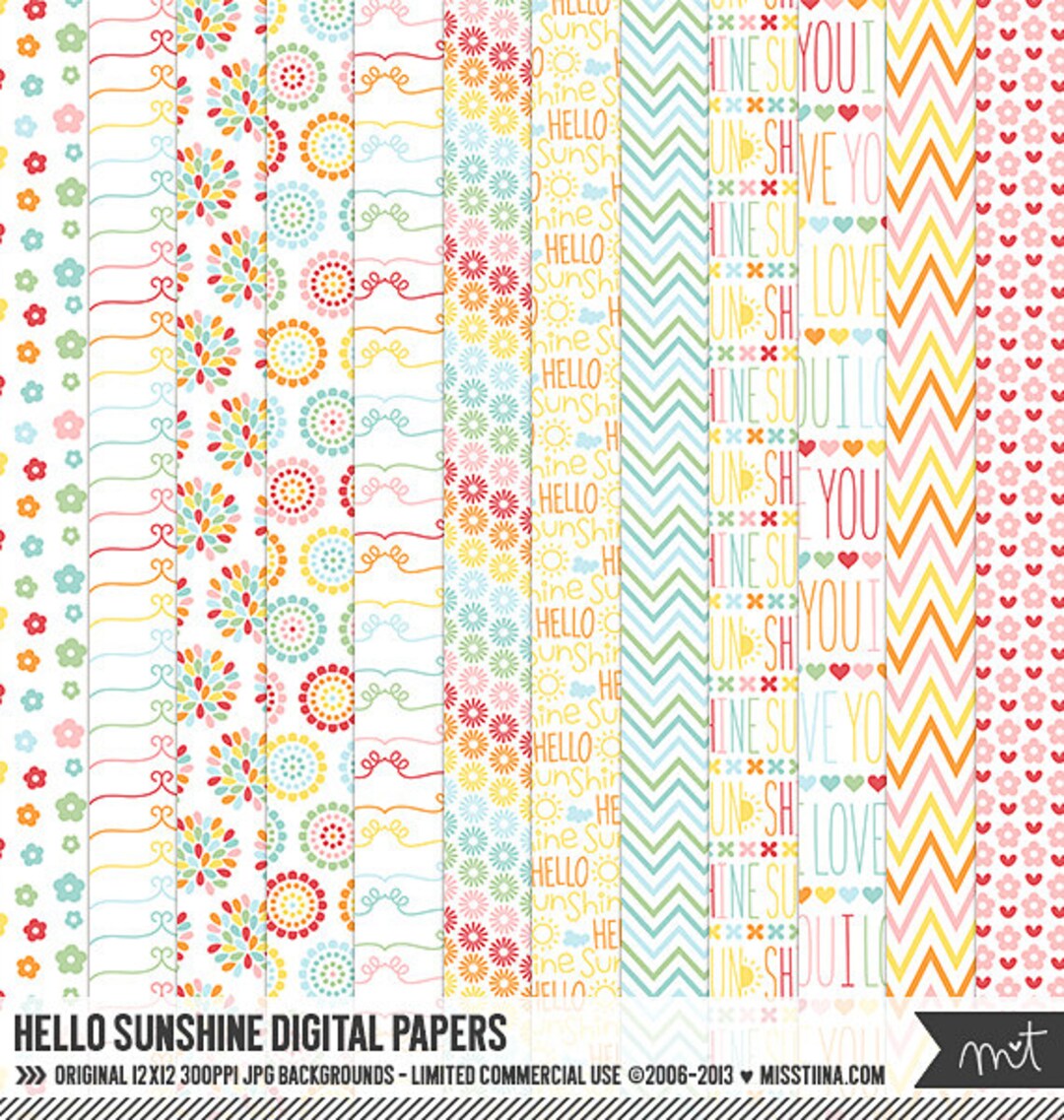 Hello Sunshine Digital Papers - 12 Patterns for Scrapbooking, Cards ...