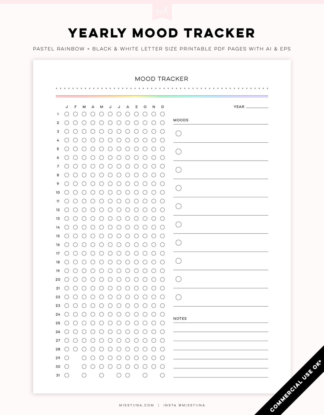 Yearly Mood Tracker - Minimal Pastel Rainbow + Black & White Digital ...