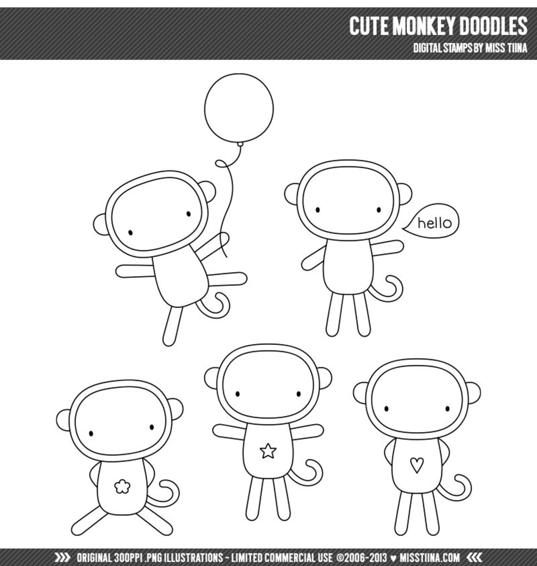 Cute Monkey Doodles Digital Stamps Clipart Clip Art Illustrations ...