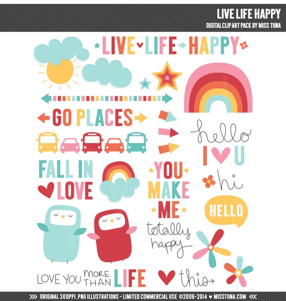 Live Life Happy Digital Clipart Clip Art Illustrations | Etsy