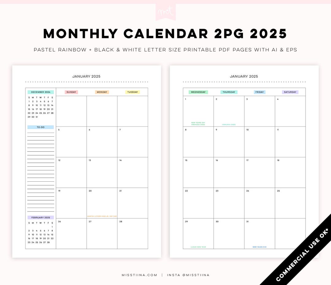 2025 Monthly 2PG - Minimal Pastel Rainbow + Black & White Digital PDF ...