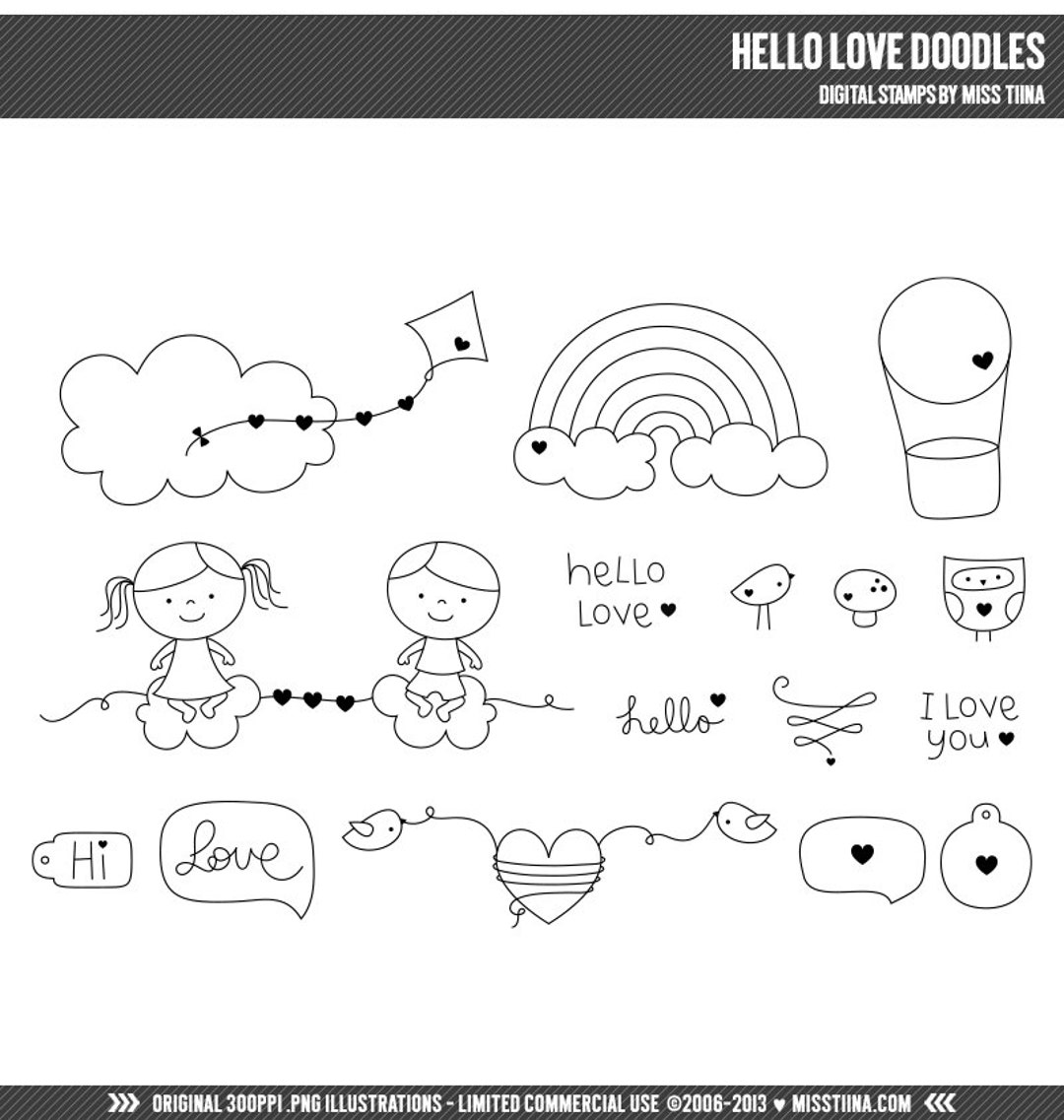 Hello Love Doodles Digital Stamps Clipart Clip Art Illustrations ...