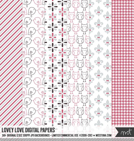 Lovey Love Digital Papers 6 Patterns for Scrapbooking | Etsy