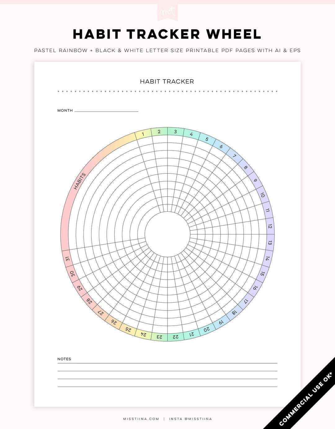 Habit Tracker Wheel - Minimal Pastel Rainbow + Black & White Digital ...