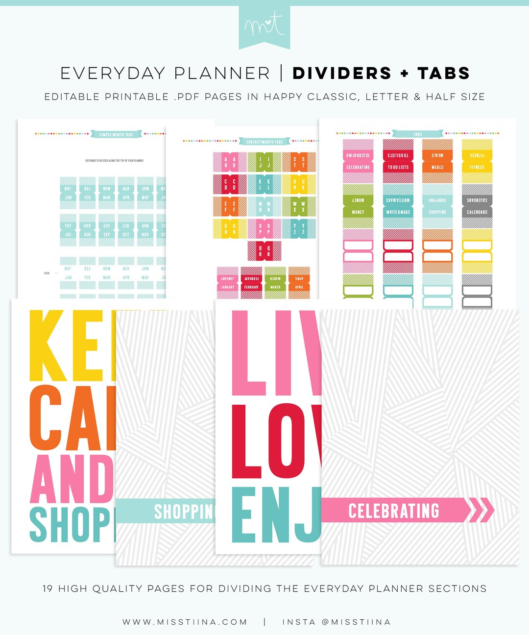 Dividers + Tabs EDITABLE Everyday Planner Pages Happy Classic, Letter ...