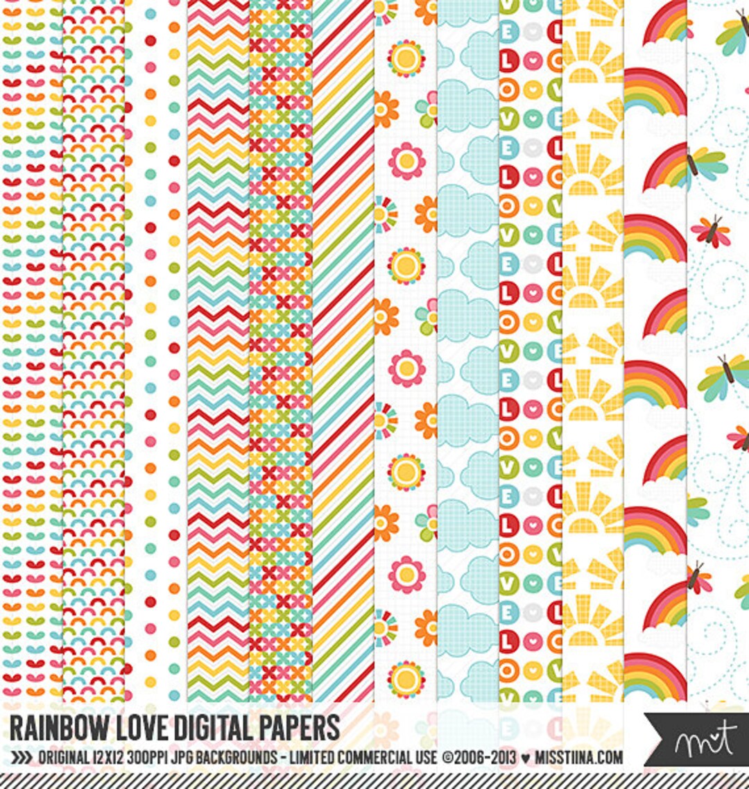 Rainbow Love Digital Papers - 12 Patterns for Scrapbooking, Cards ...