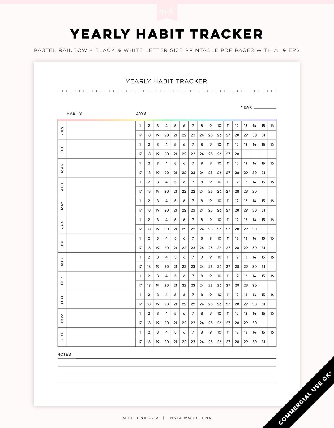 Yearly Habit Tracker - Minimal Pastel Rainbow + Black & White Digital ...