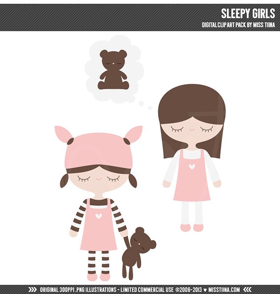 Sleepy Girls Digital Clipart Clip Art Illustrations Instant - Etsy