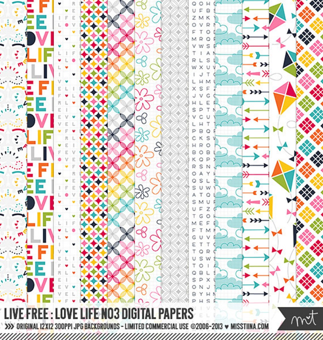 Live Free : Love Life No3 Digital Papers - 12 Patterns for Scrapbooking ...