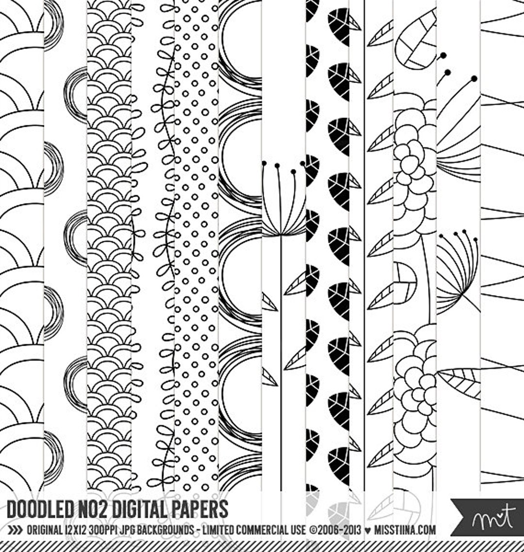 Doodled No2 Digital Papers - 12 Patterns for Scrapbooking, Cards ...