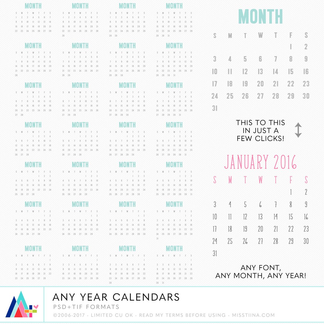 Any Year Calendar Digital Templates - Perpetual Calendars - Instant ...