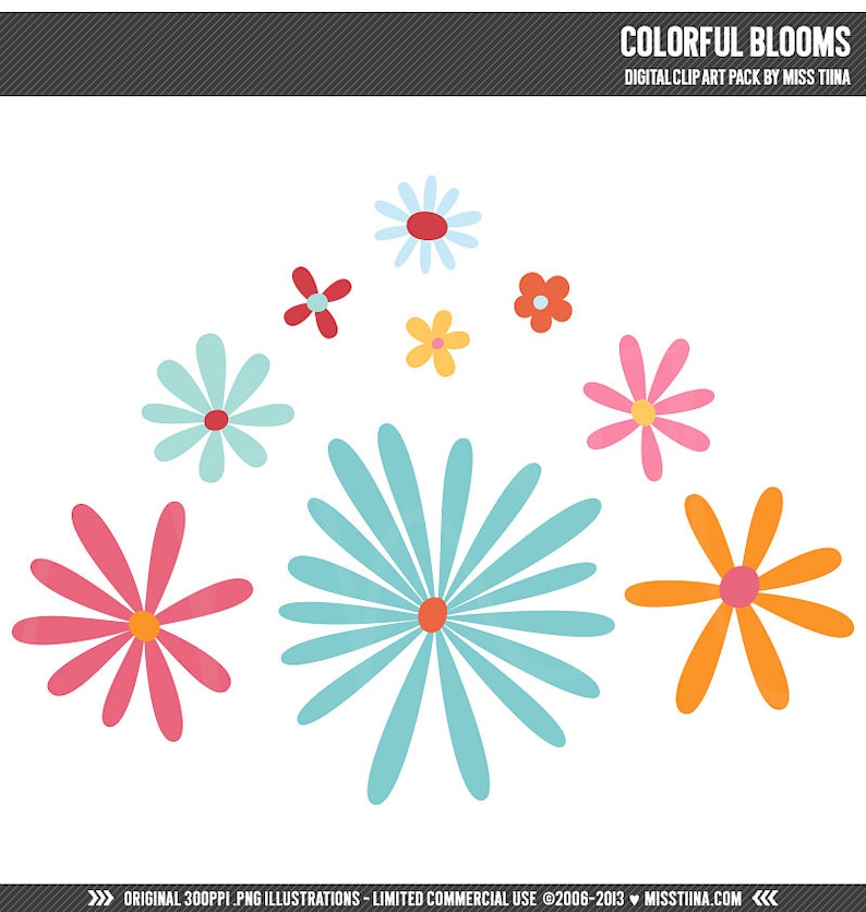 Colorful Blooms Digital Clipart Clip Art Illustrations - Etsy