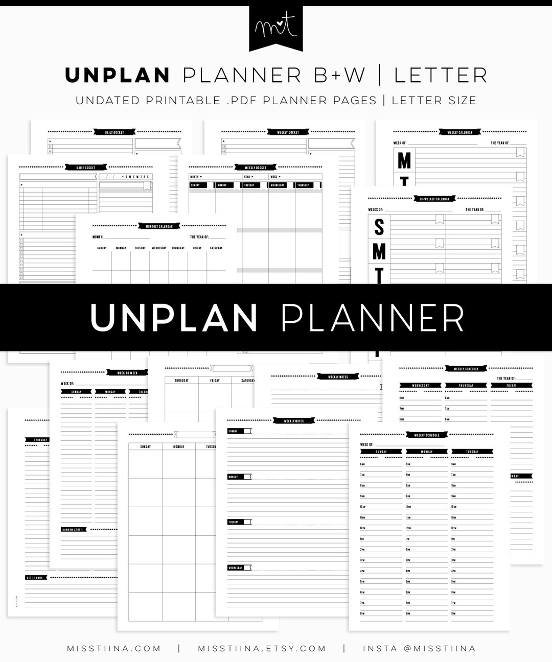 Unplan Planner Black and White Printables - PDF Pages in LETTER Size ...