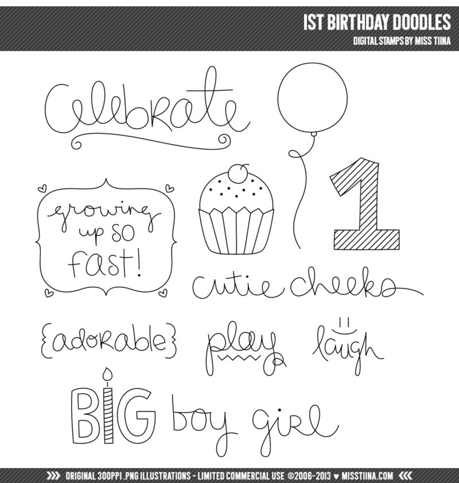 1st Birthday Doodles Digital Stamps Clipart Clip Art - Etsy
